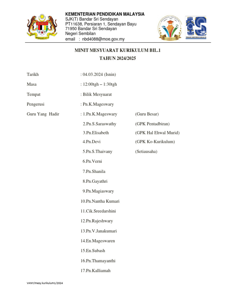 MINIT MESYUARAT KURIKULUM BIL.1 2024 | PDF