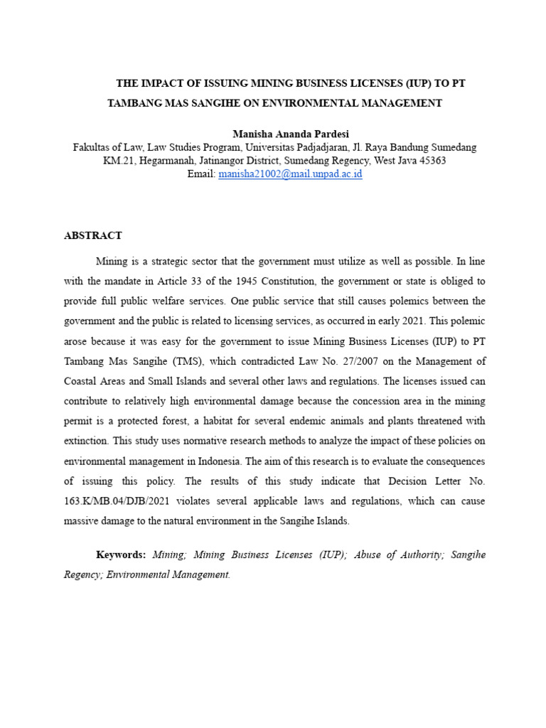 The Impact of Issuing Mining Business Licenses (IUP) To PT Tambang Mas ...