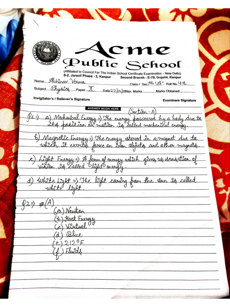 Abhinav Verma 7 a Physics Answer Sheet | PDF