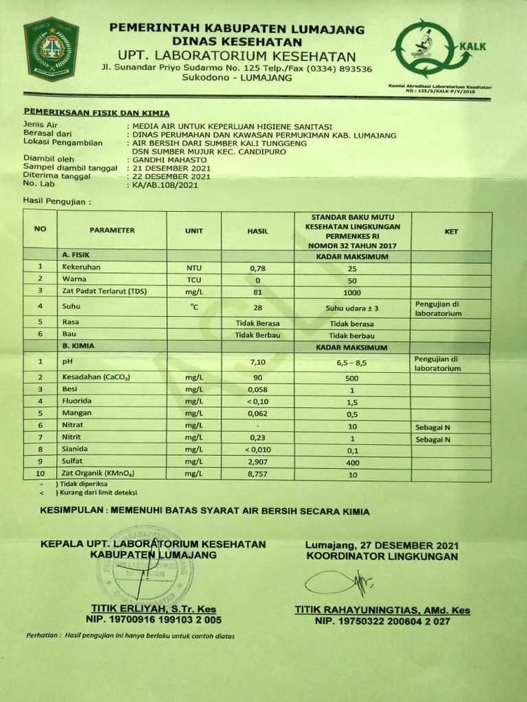 Hasil Uji Lab - Kali Tunggeng | PDF