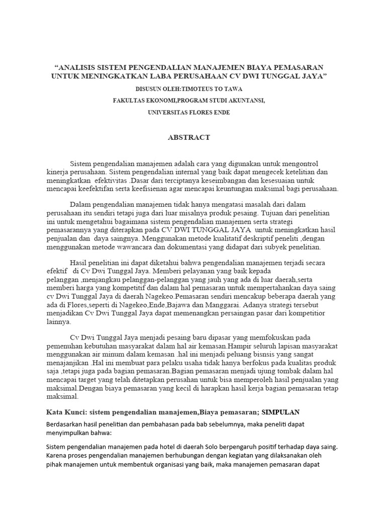 Analisis Sistem Pengendalian Manajemen Biaya Pemasaran Untuk Meningkatkan Laba Perusahaan CV Dwi ...