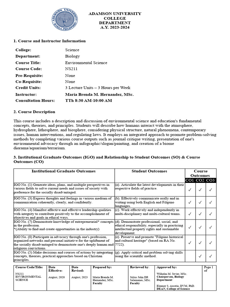 Hernandez-MBM-Environmental Science - Syllabus | PDF | Earth Sciences ...
