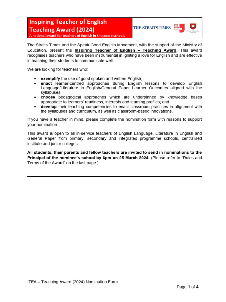 Teaching Nomination Form 2024 | PDF | Teachers | English Language