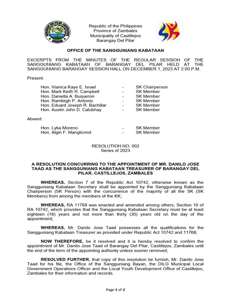 SK Resolution Appointing Treasurer in Zambales | PDF | Government ...