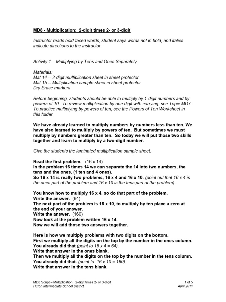MD8 Script - Multiplication by 2-Digit | PDF | Multiplication