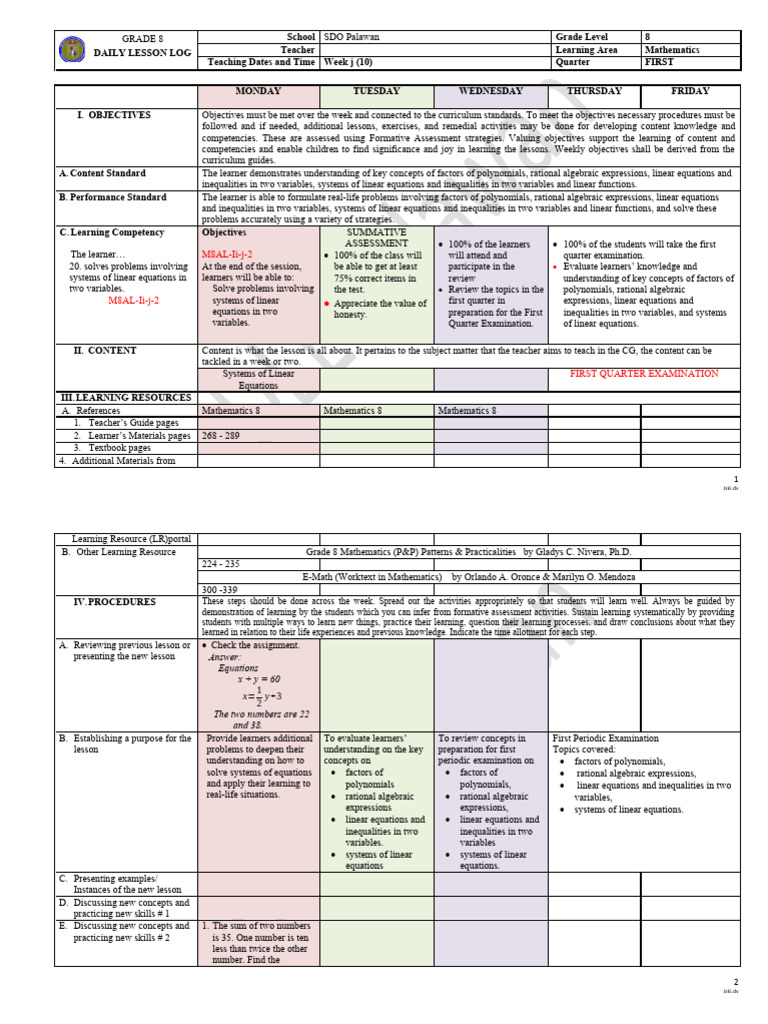 DLL Math Grade8 Quarter1 Week10 (TAGAYTAY-Division) | PDF | Equations | Polynomial