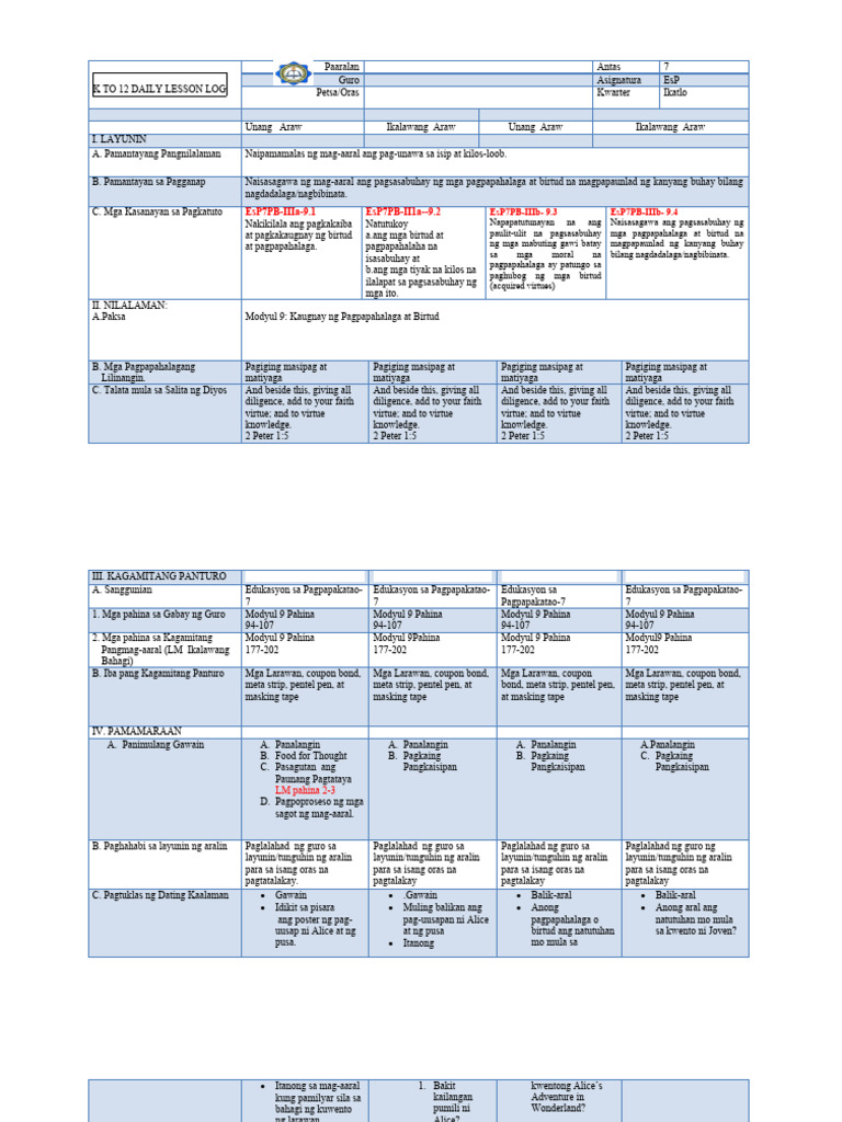 DLL Edukasyon Sa Pagpapakatao Grade7 Quarter3 Week9 (DIVISION - TAGAYTAY) | PDF