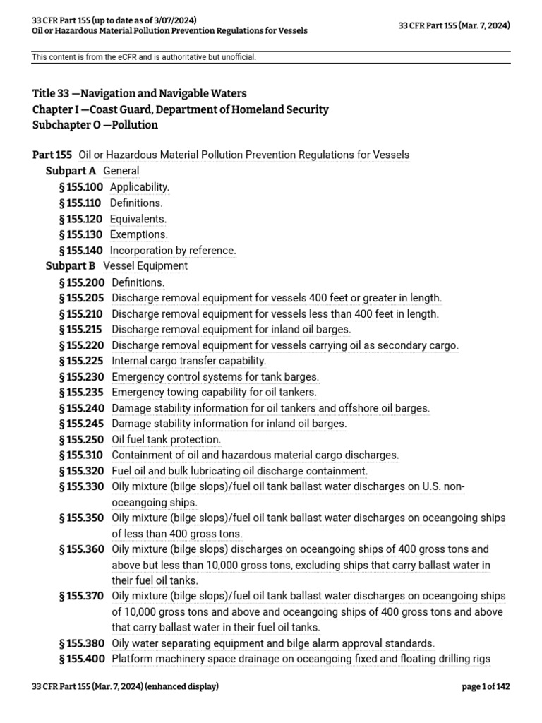 33 CFR Part 155 (Up To Date As of 3-07-2024) | PDF | Ships | Oil Tanker
