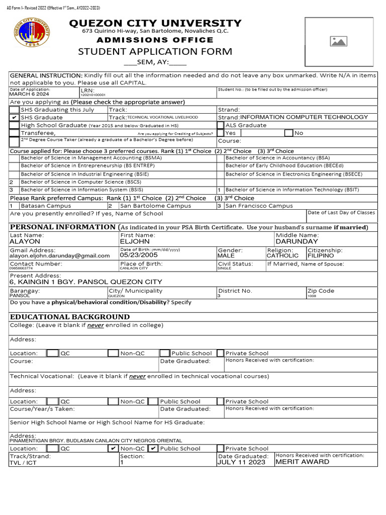 QCU Admission Application Form 2025 | PDF | Information Privacy ...