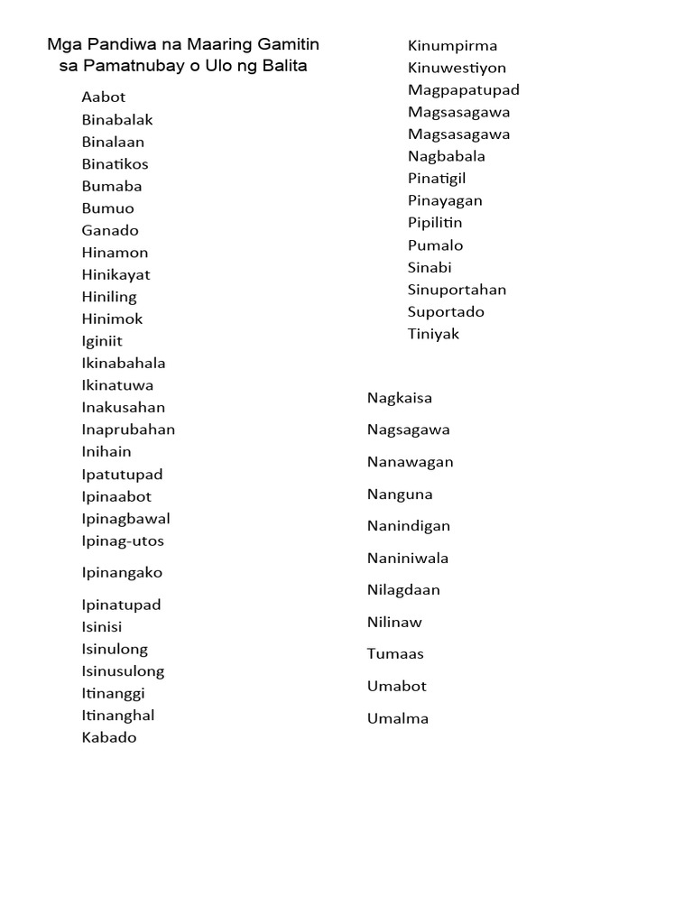 Mga Pandiwa Na Maaring Gamitin Sa Pamatnubay o Ulo NG Balita 1 1 | PDF