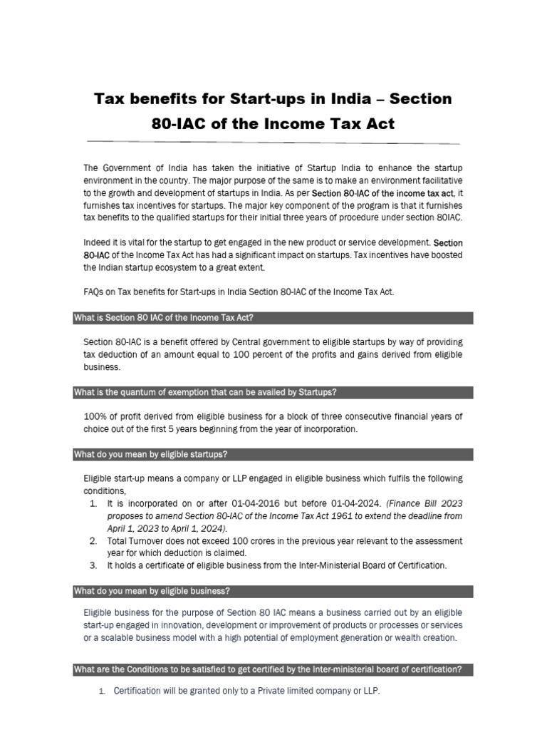 Income Tax Exemption Under Section 80IAC of IT Act 1961 | Download Free ...
