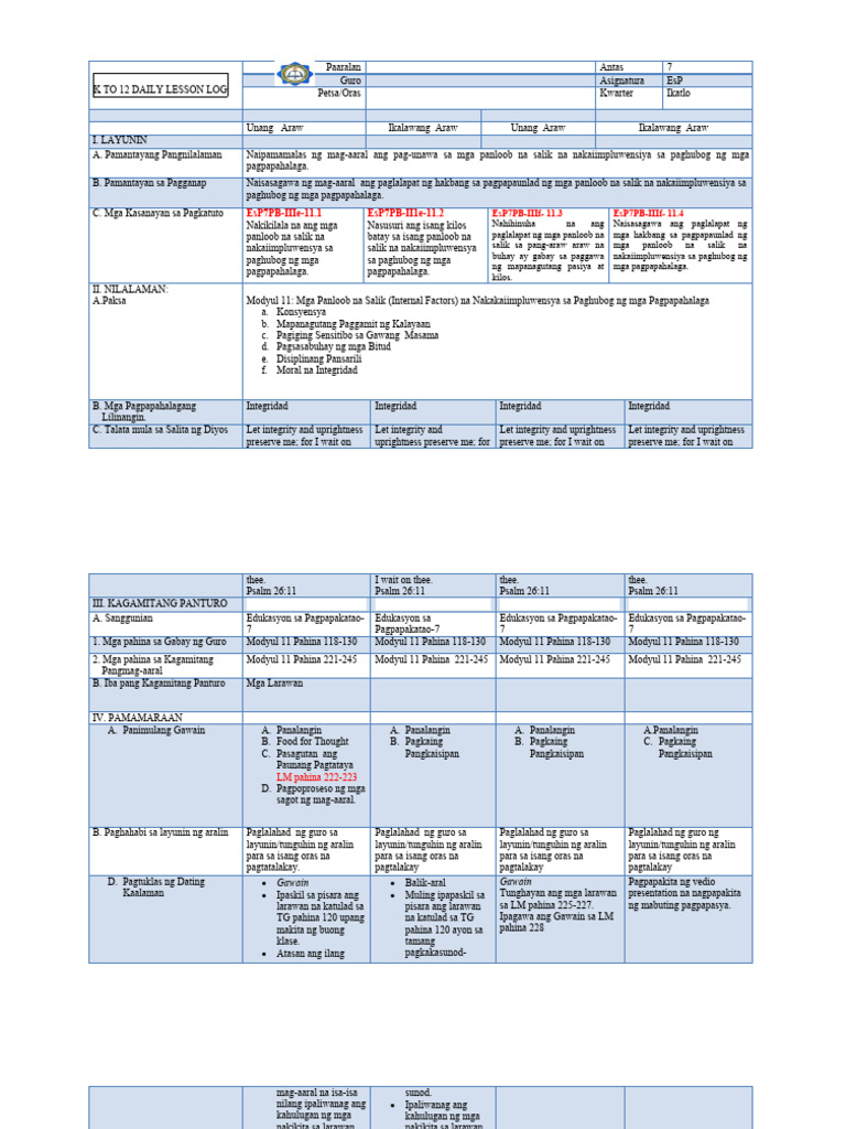 DLL Edukasyon Sa Pagpapakatao Grade7 Quarter3 Week11 (TAGAYTAY-Division) | PDF