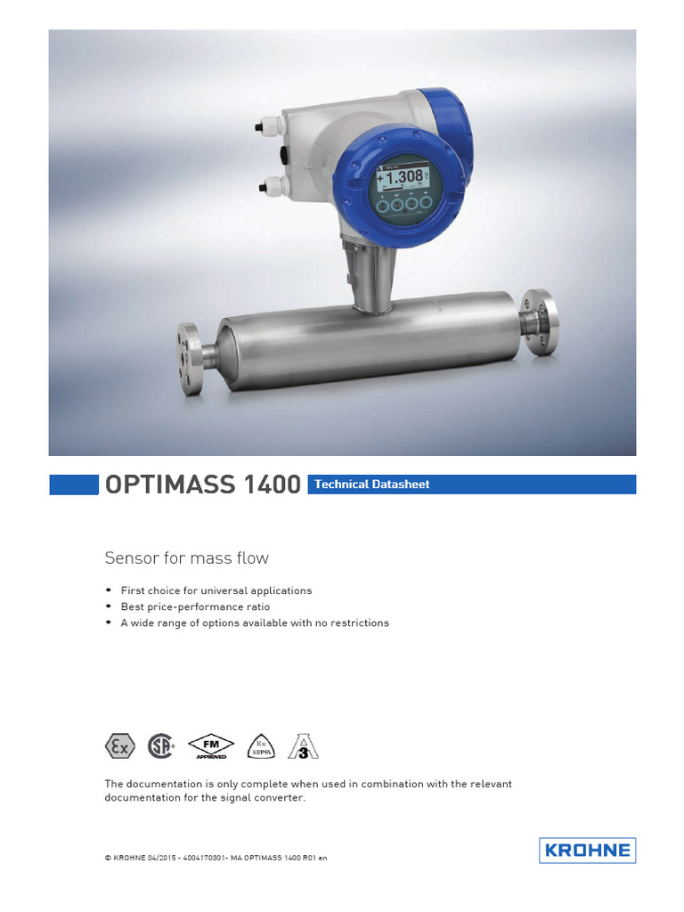Optimass 1400 Tech Datasheet | PDF | Flow Measurement | Fluid Dynamics