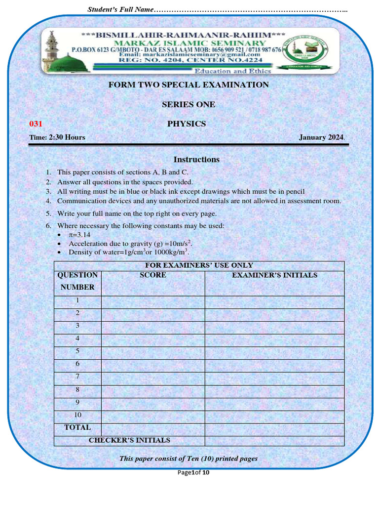 f2 Physics Series One Jan 2024 | PDF | Density | Metrology