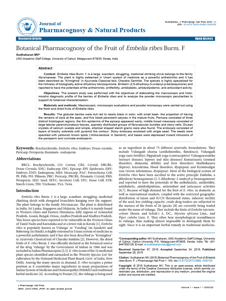 Botanical Pharmacognosy of The Fruit of Embelia Ribes Burm F 2472 0992. ...