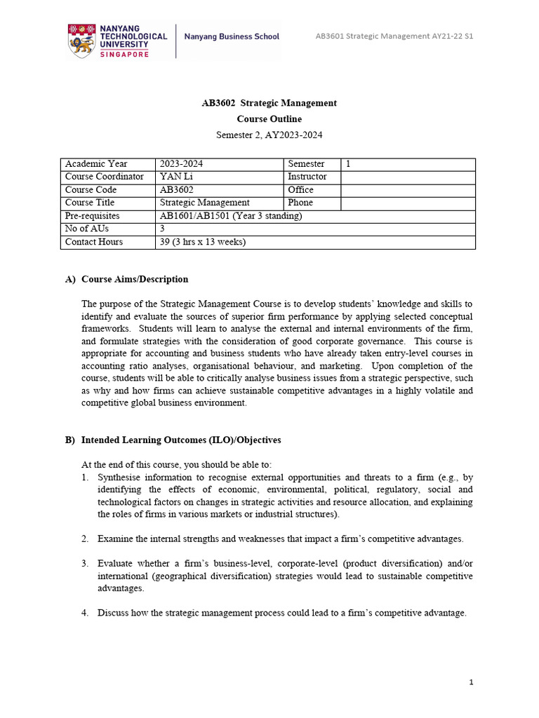 AB3602 Course Outline SEM2 AY2023-2024 | PDF | Strategic Management | Competitive Advantage