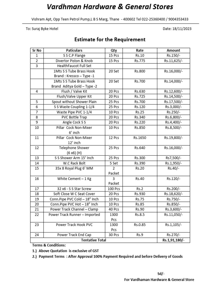 Vardhman Hardware Estimate | PDF | Hydraulics | Machines