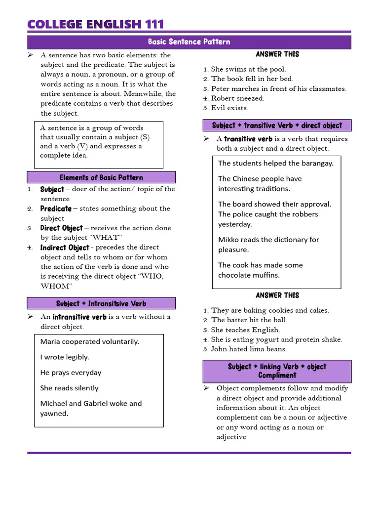 1st Sem, Prelim-College English - Unit 1 Basic Sentence Pattern | PDF ...