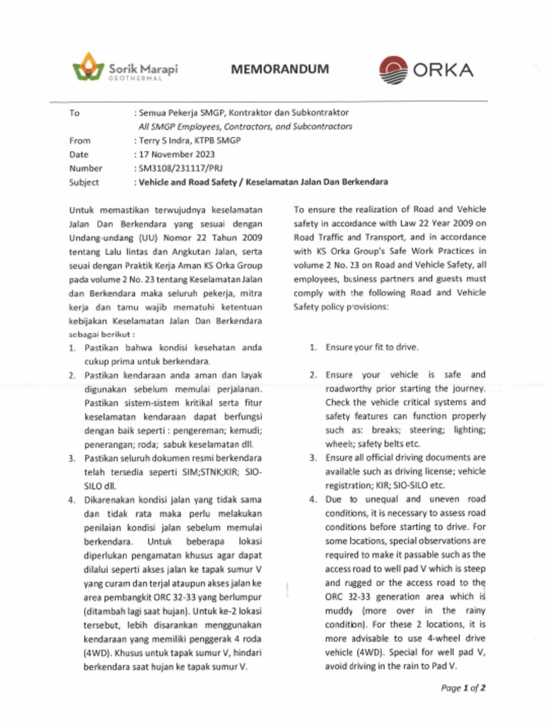 Memo Keselamatan Jalan Dan Berkendara (Dwi Bahasa) - R2 | PDF