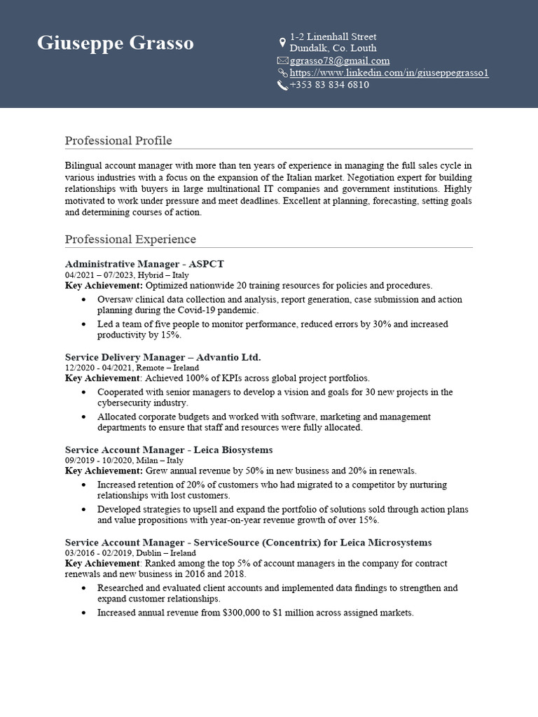 Giuseppe Grasso: Bilingual Account Manager | PDF