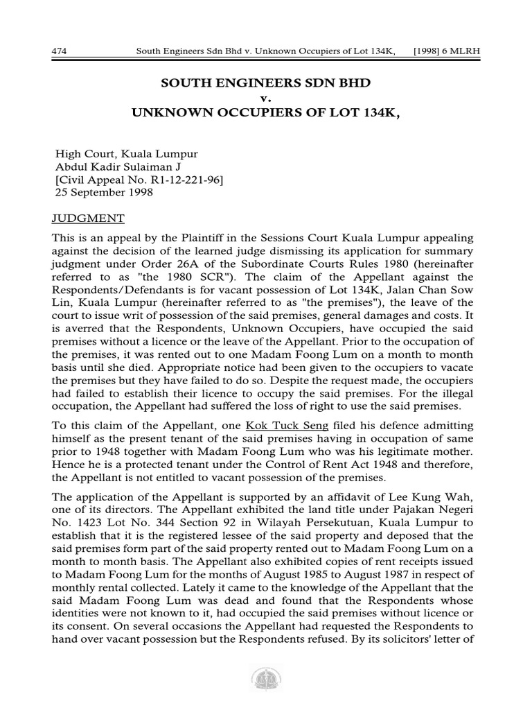 South Engineers V Unknown Occupiers (1998) | PDF | Lawsuit | Summary ...
