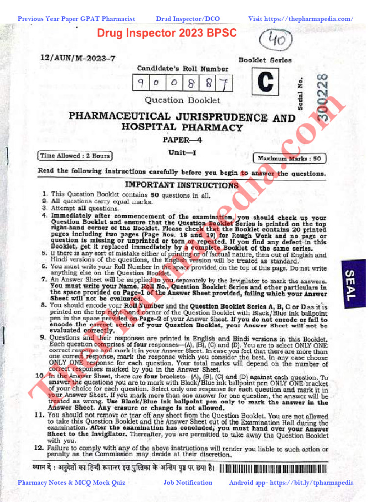 Drug Inspector Exam Previous Papers | PDF | Pharmacist | Medicine