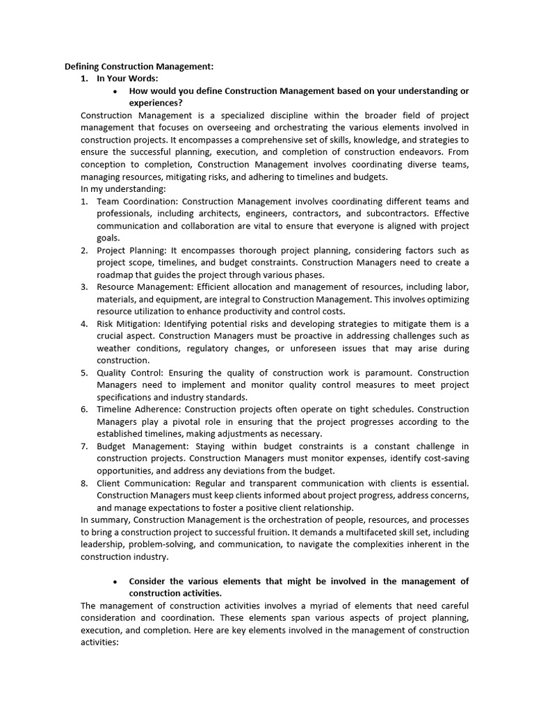 Defining Construction Management | PDF | Construction Management | Risk Management