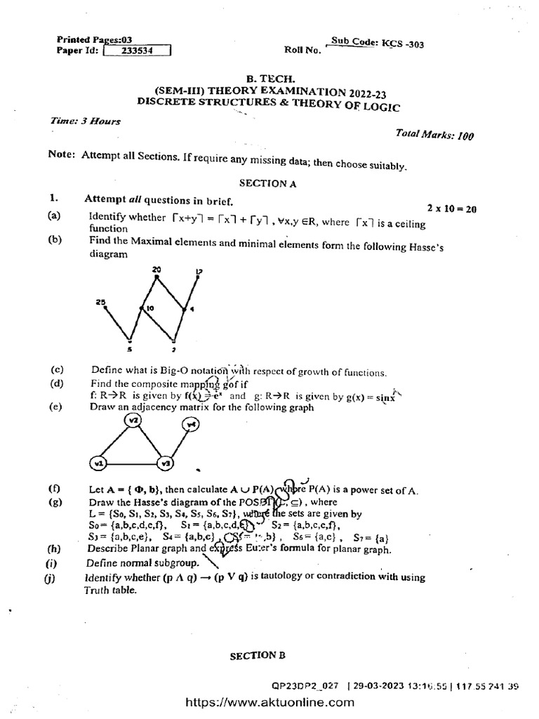 Btech Cs 3 Sem Discrete Structures and Theory of Logic Kcs 303 2023 | PDF