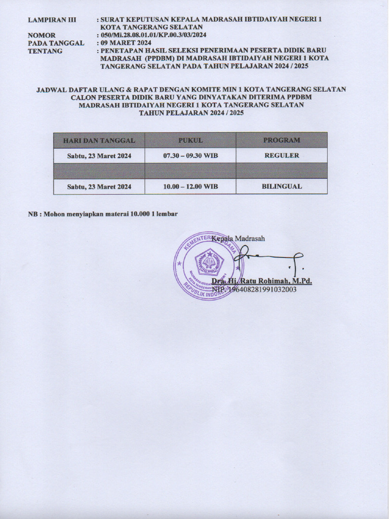 Jadwal Daftar Ulang & Rapat Dengan Komite Min 1 Tangsel | PDF