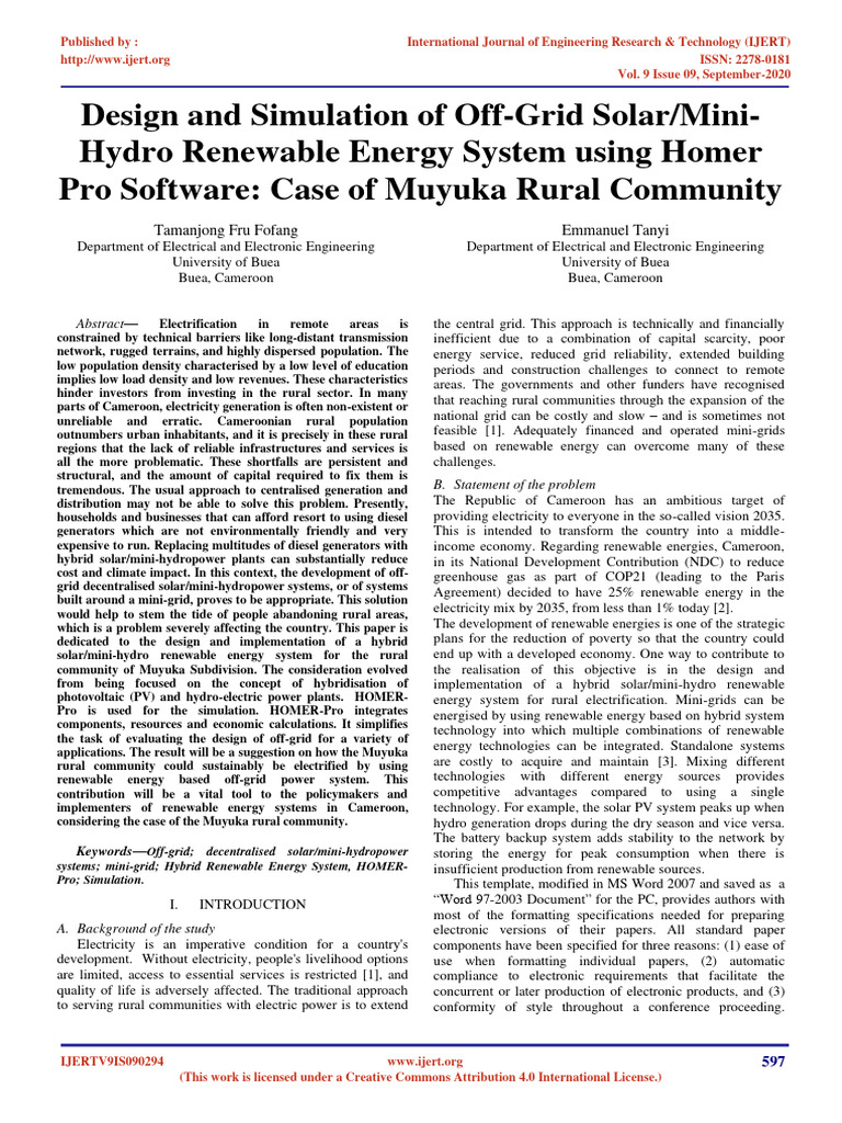 Design and Simulation of Off Grid Solar Mini Hydro Renewable Energy ...