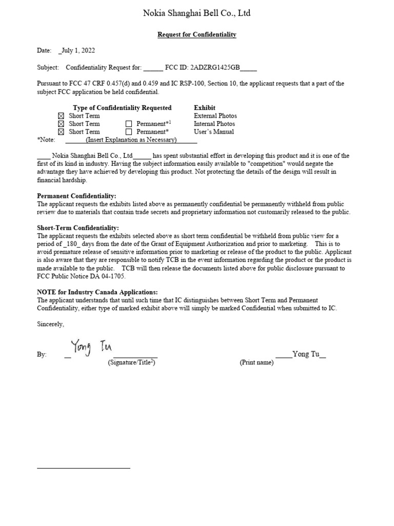 G1425GB Cover Letter S Nokia Shanghai Bell 2adzrg1425gb Ex 1 6 | PDF