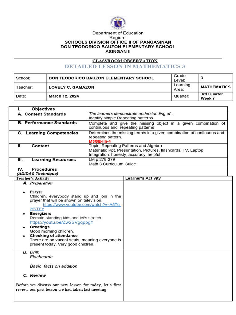 Math3 Repeating Pattern And Algebra Pdf Learning Mathematics