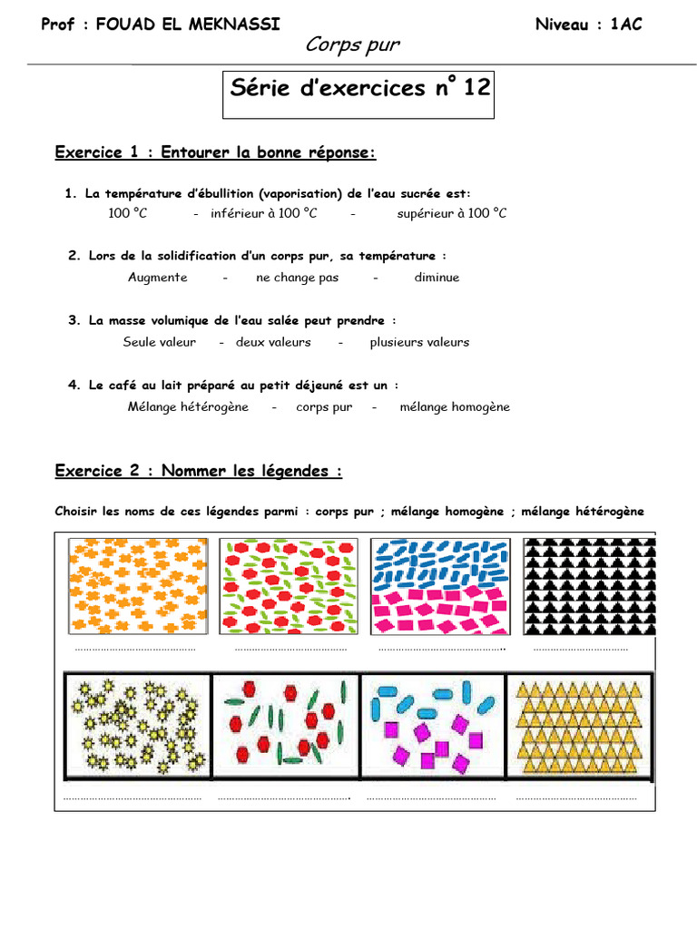Corps purs et mélanges : Exercices corrigés | PDF | Température ...