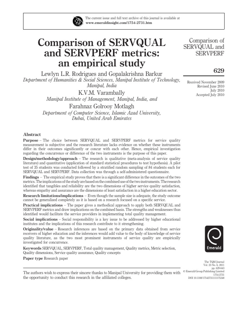 Comparison of SERVQUAL and SERVPERF Metrics An Empirical Study PDF ...