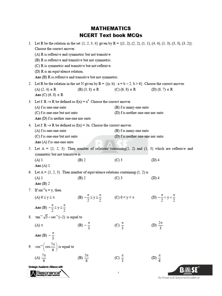 Maths - NCERT - Text Book - MCQs - Q + Soln | PDF | Matrix (Mathematics) | Linear Algebra