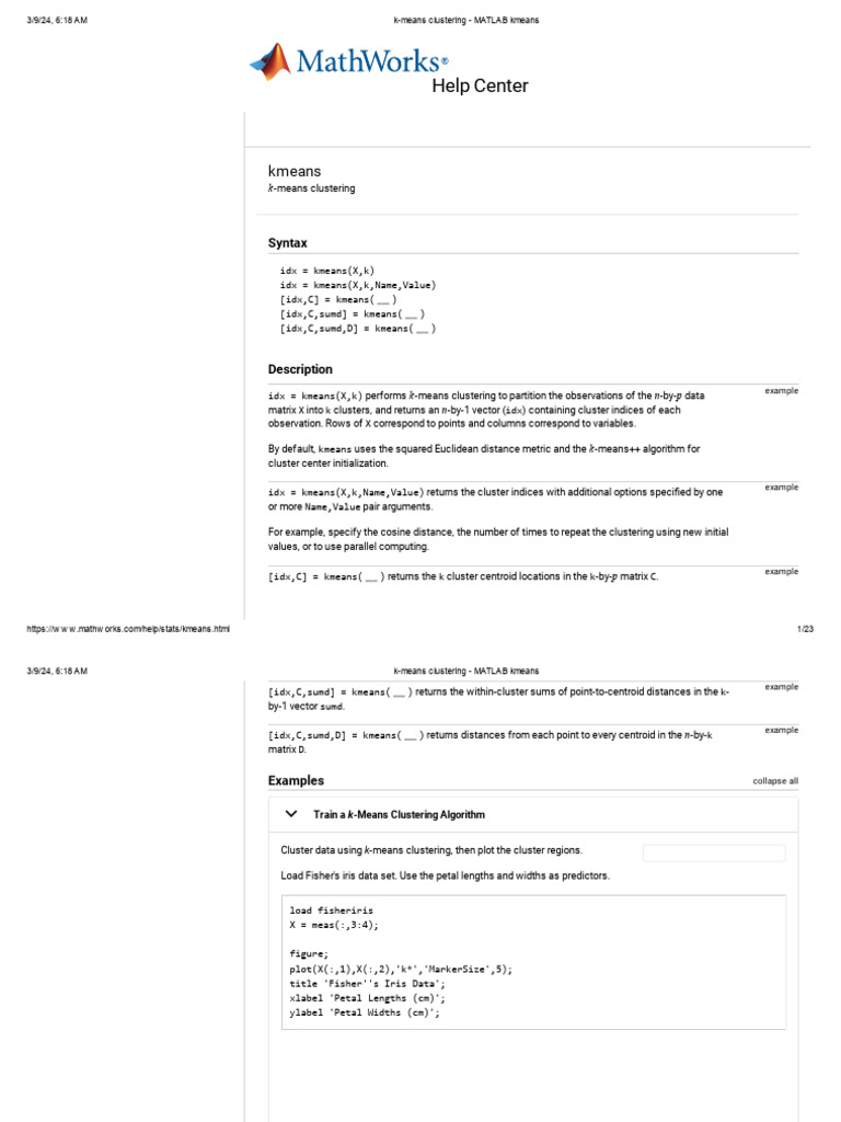 K Means Clustering Matlab Kmeans Pdf Cluster Analysis Applied Mathematics 