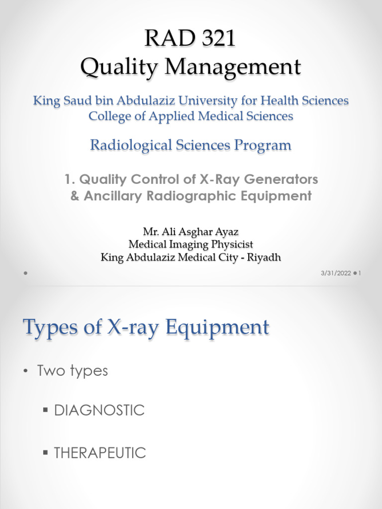 Quality Control of X-Ray Generators & Ancillary Radiographic Equipment ...
