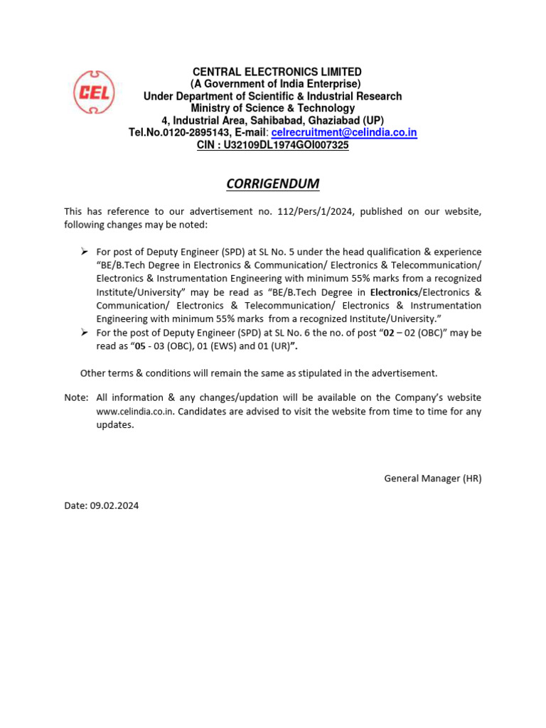 Corrigendum Advertisement 112 (CEL Website) | PDF