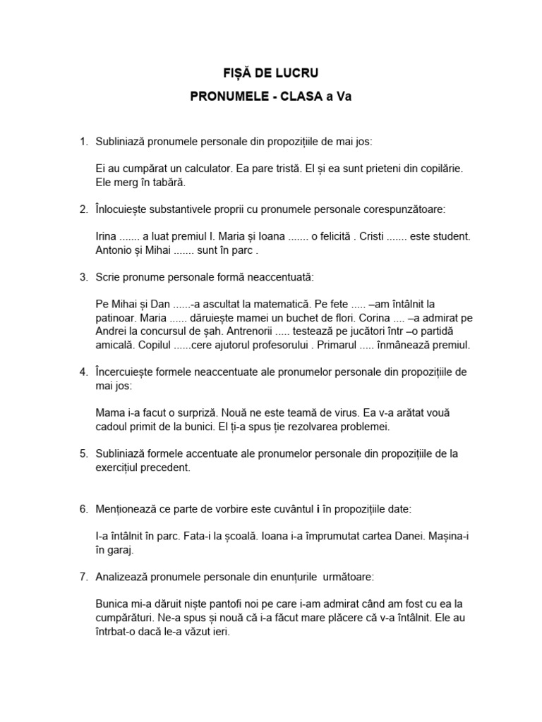 Fisa de Lucru Pronumele cls5 | PDF