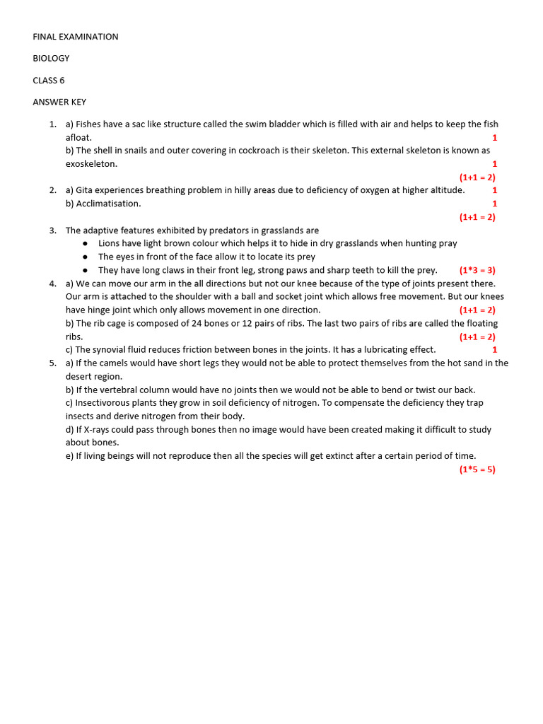 Biology Final Exam Answer Key | PDF | Skeleton | Predation