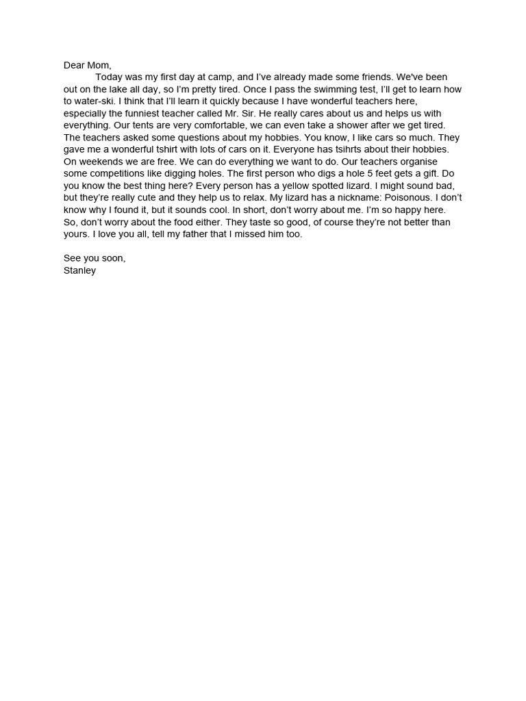 Stanley's Letter To His Mom | PDF