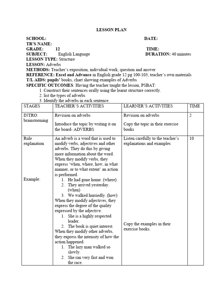 Grade 12 English Language Structure - Adverbs Editable Lesson Plan | PDF