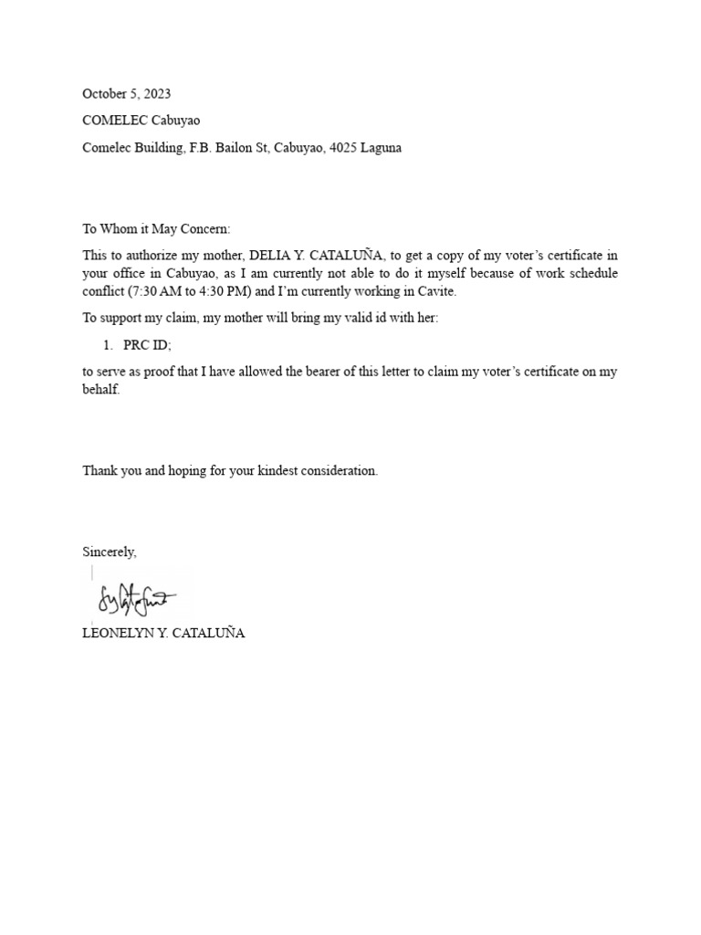 Voter's Certificate Authorization Letter | PDF