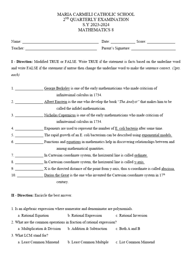 Grade 8 - Second Quarter MATH by REWARD FULGUERAS | PDF | Cartesian ...