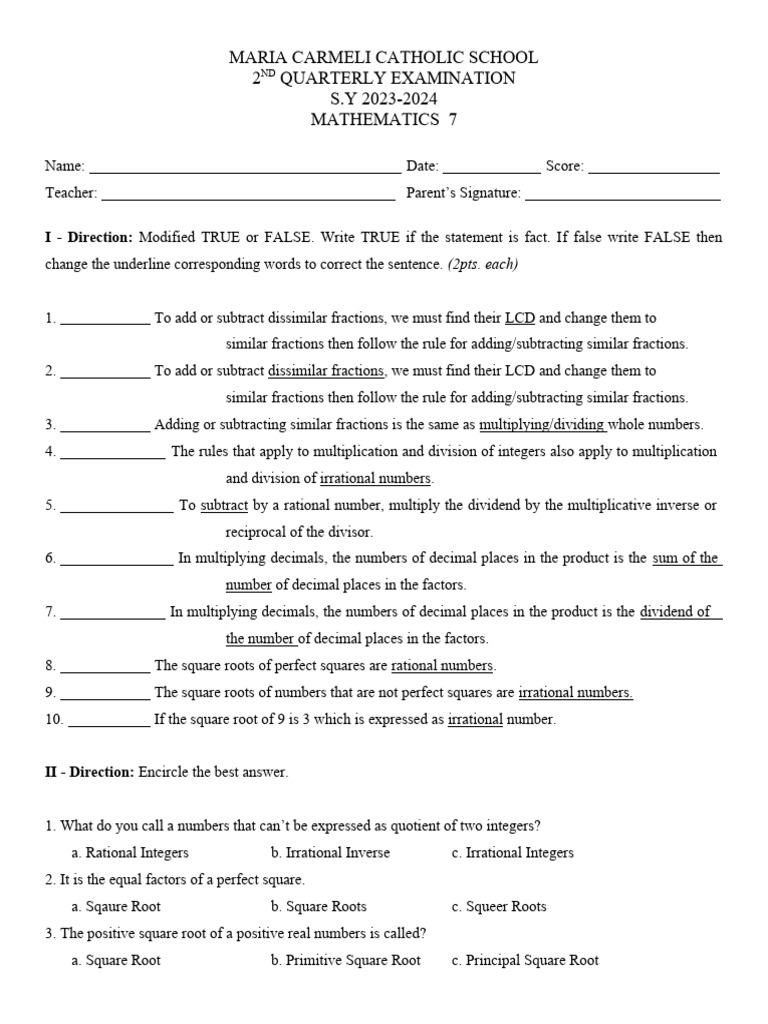 Grade 7 - Second Quarter MATH by REWARD FULGUERAS | PDF | Division ...