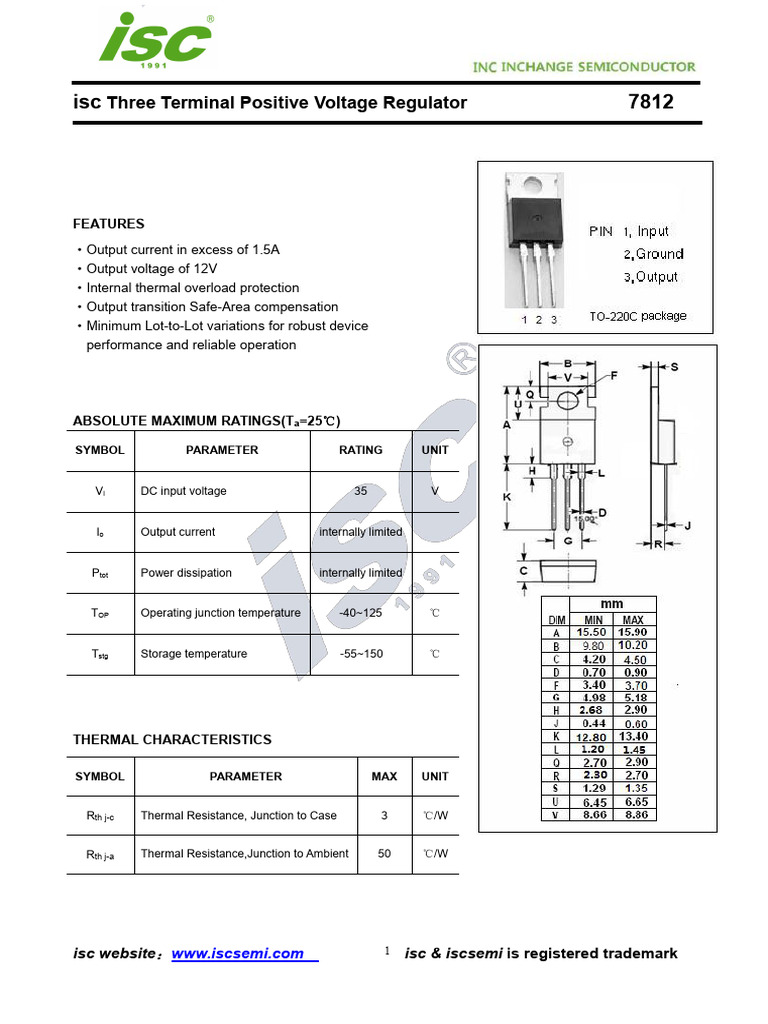 7812 Voltage Regulator Specifications | PDF | Electrical Components ...