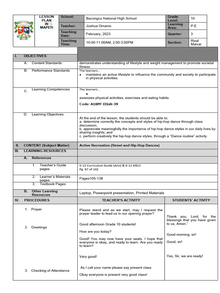 Grade 10 MAPEH Lesson Plan: Hip-Hop Dance | PDF | Hip Hop Music | Rapping