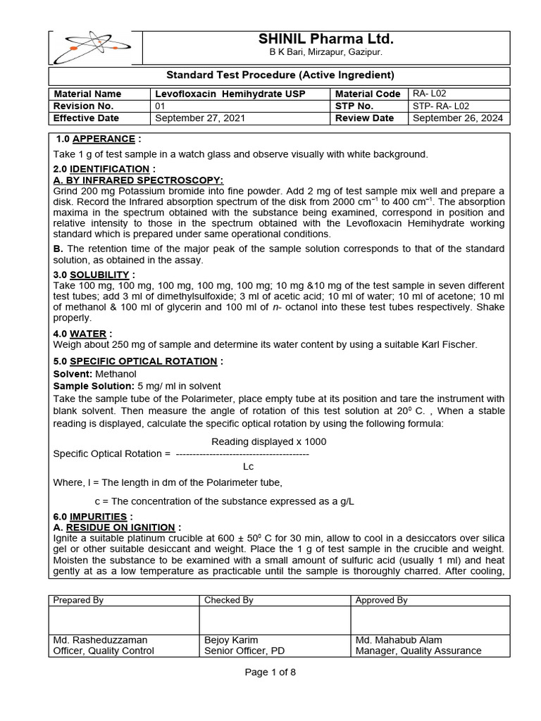 STP of Levofloxacin Hemihydrate USP | PDF | Acid | Ph