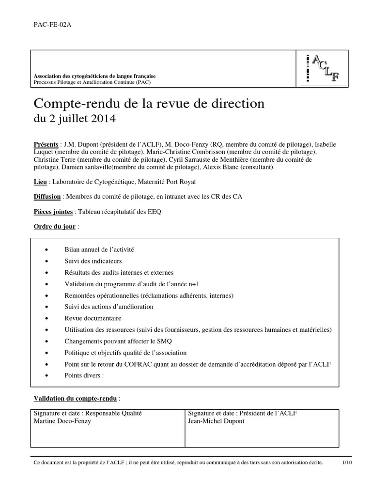 compte rendu de revu de direction | PDF