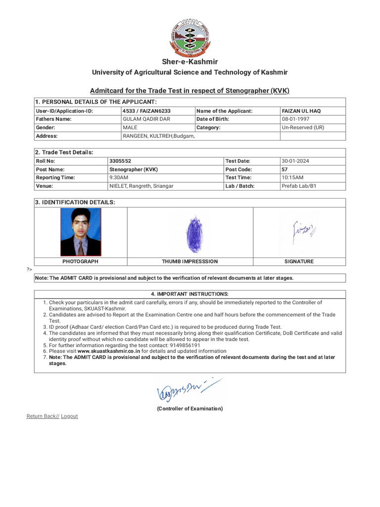 Skuast Kashmir Online Application Pdf